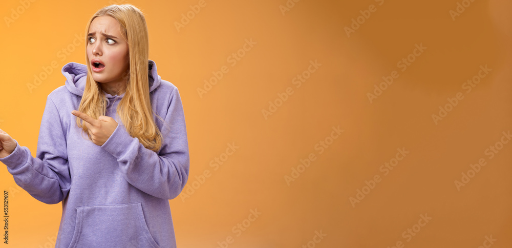 Concerned freak-out panicking funny blond girl gasping pop eyes drop ...