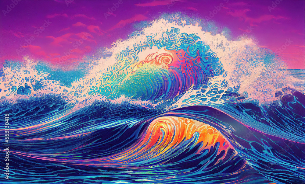 Wild ocean waves in colorful water as abstract background illustration ...