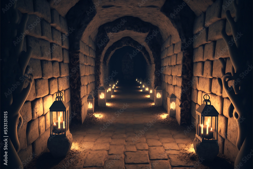 Scary endless medieval catacombs with torches. Mystical nightmare ...
