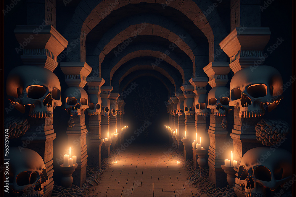 Scary endless medieval catacombs with torches. Mystical nightmare ...