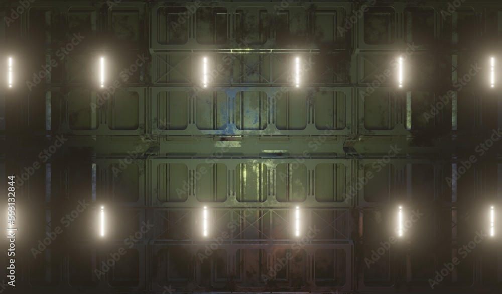 Ceiling metal sci-fi interior in dark scene 3D rendering sci-fi ...