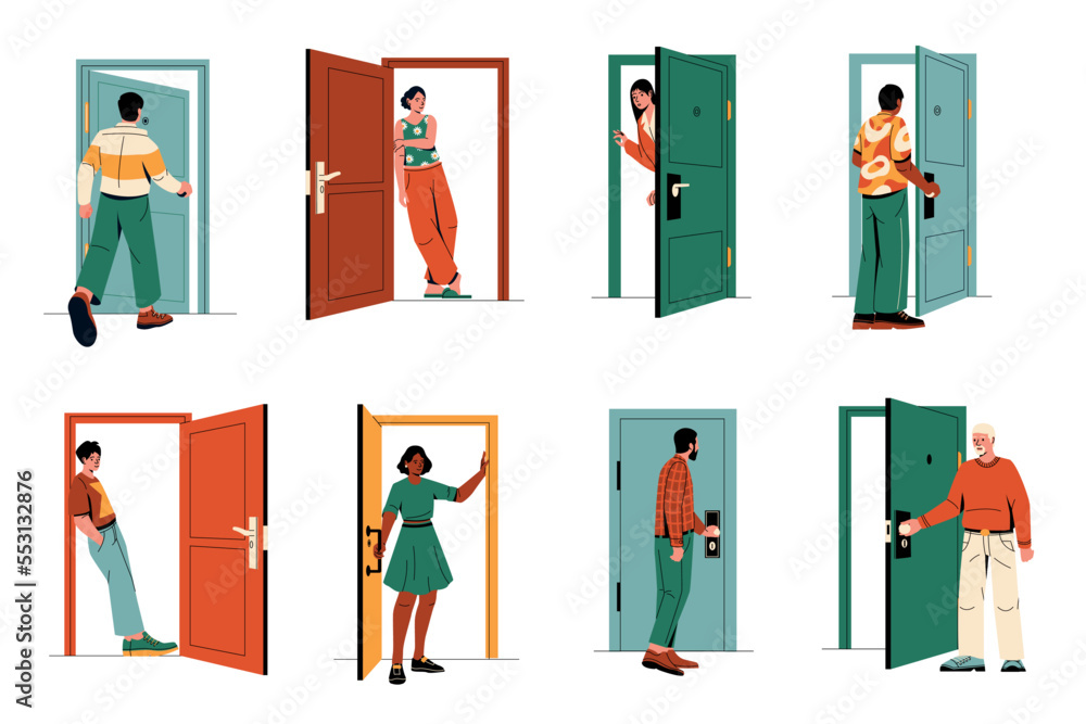 Person go out the door. Male female cartoon characters enter open close ...