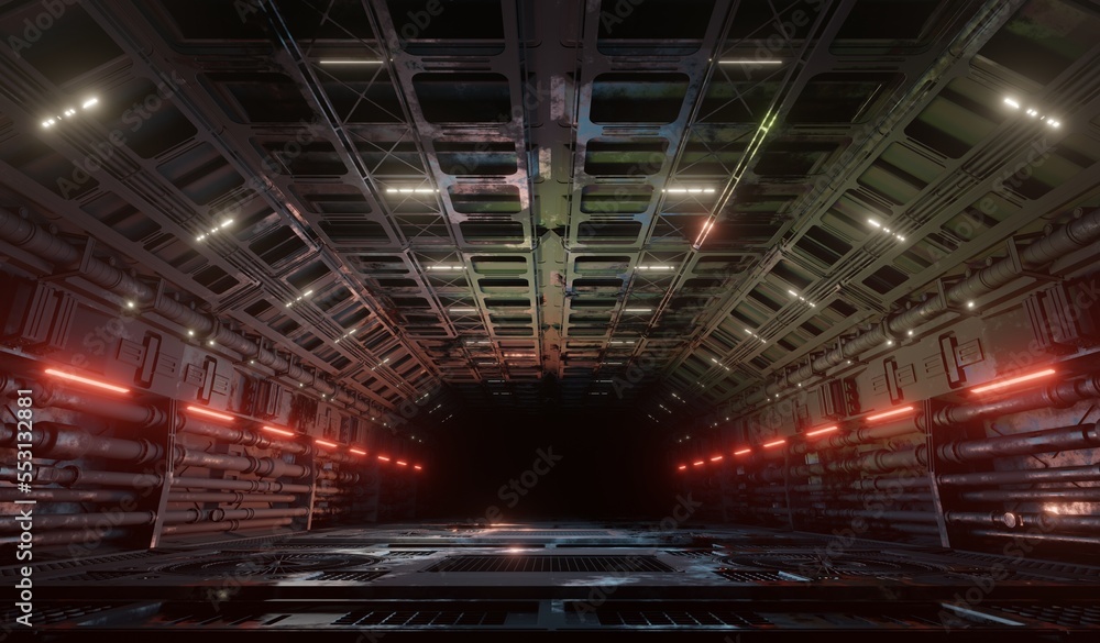 Sci-fi laboratory corridor metal grate lighting in dark scene 3D rendering architected wallpaper ...