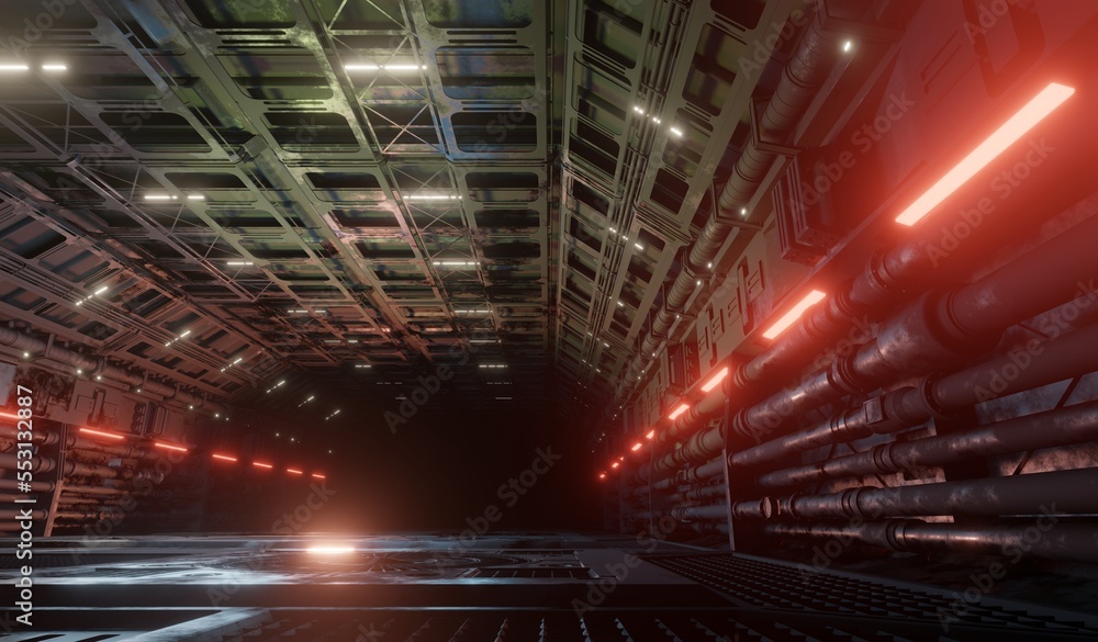 Sci-fi laboratory corridor metal grate side view in dark scene 3D ...