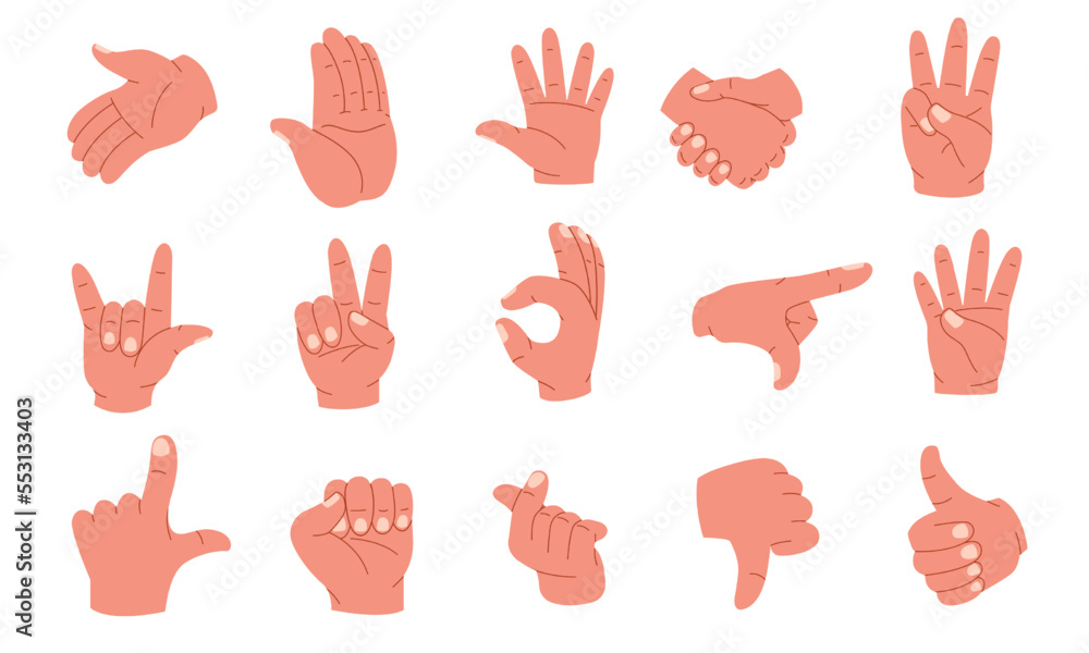 Hand gestures. Human palms and wrist showing emotions and signs, arm ...