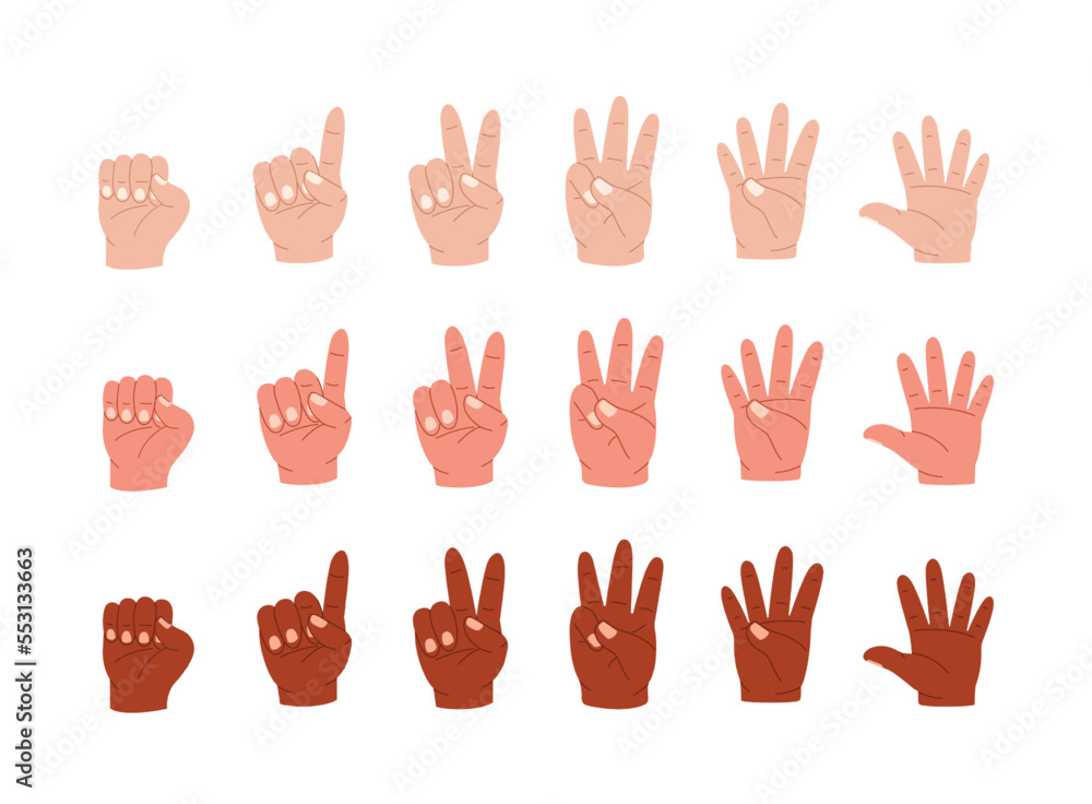 Hands count. Cartoon multiracial human palm gestures showing numbers by ...