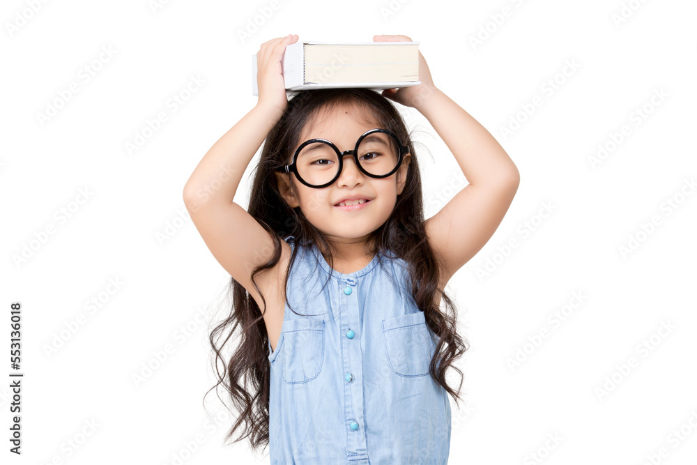 Portrait of lovely little Asian girl thinking and put a book on top ...