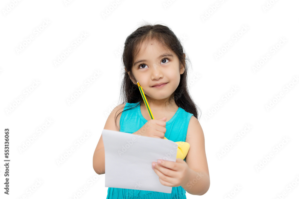 Portrait with copy space empty place of thoughtful little Asian girl ...