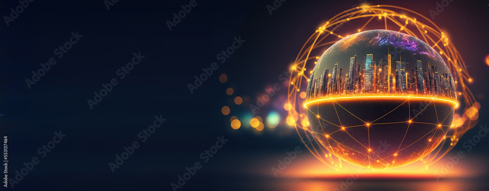 Global communication technologies. Digital tech of world globe wireless ...