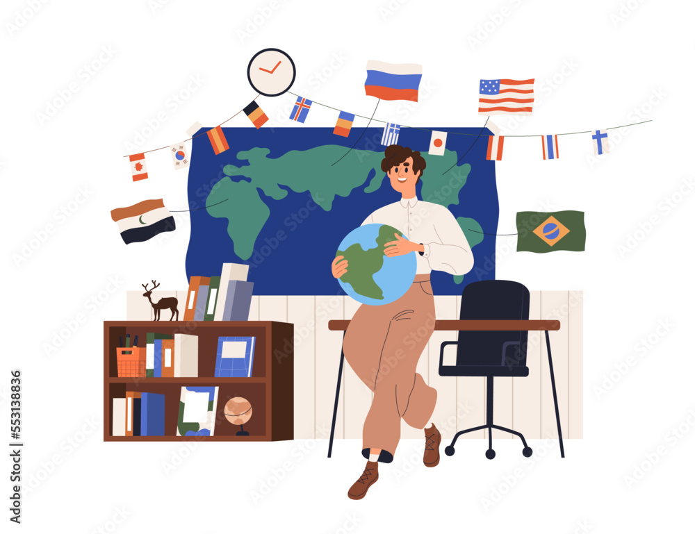 Geography teacher teaching at lesson in school classroom. Geographic ...