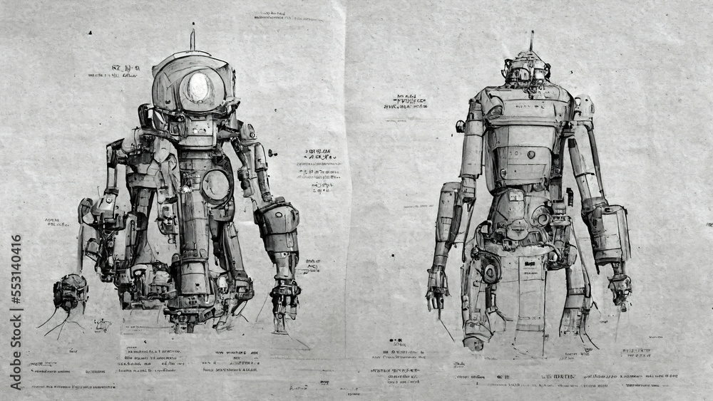 Technical Drawings and blueprint of imaginary Robots. Stock ...