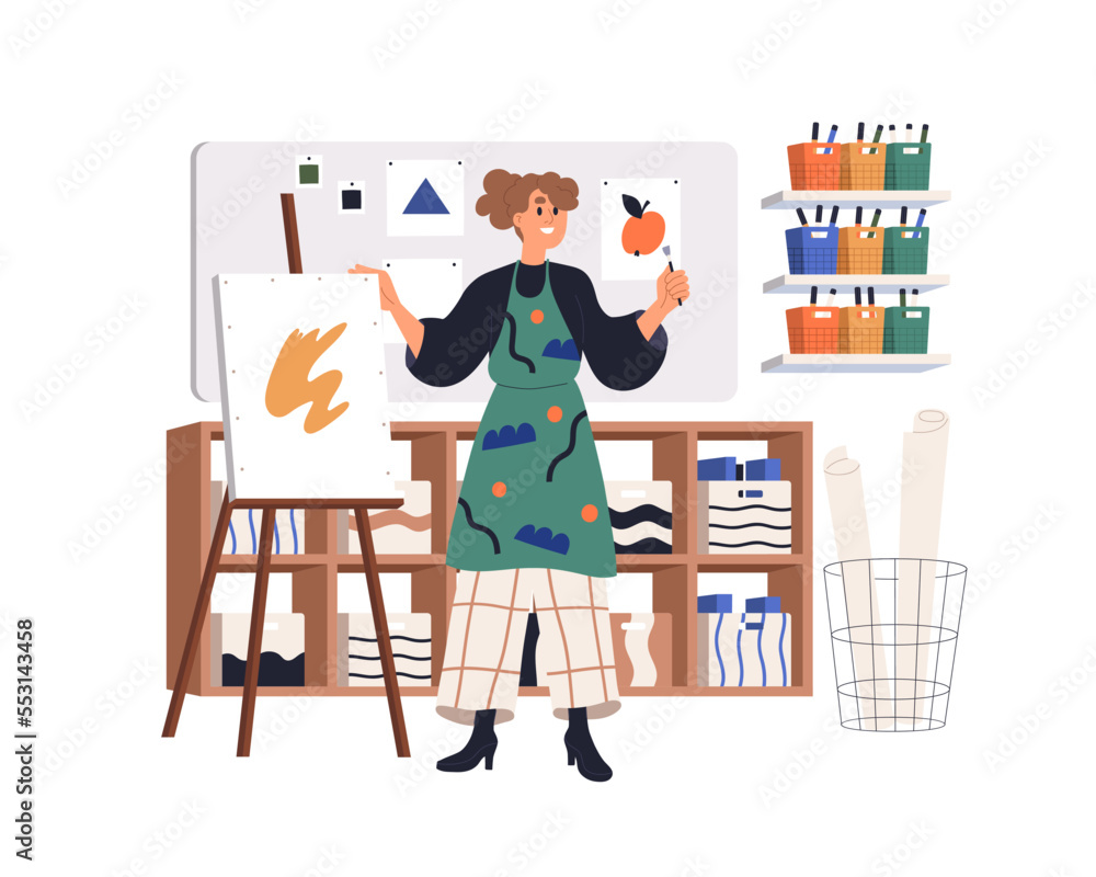 Teacher in art class at school. Artist teaching to draw at creative ...