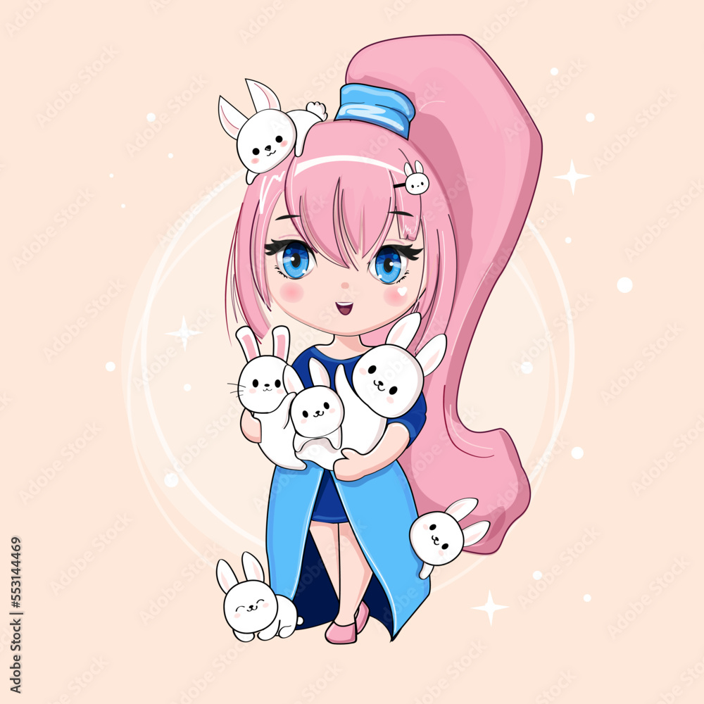 Cute cartoon anime girl with little bunny. Vector illustration in ...
