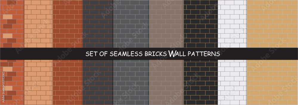 Vector brick wall seamless background set. Realistic different color ...