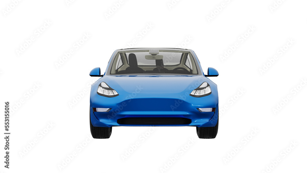 TESLA MODEL 3, 3d rendering of blue TESLA 3 car on isolated white ...