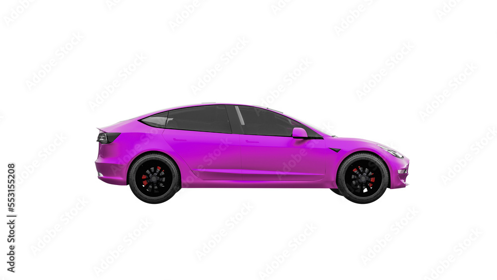 TESLA MODEL 3, 3d rendering of purple TESLA 3 car on isolated white ...