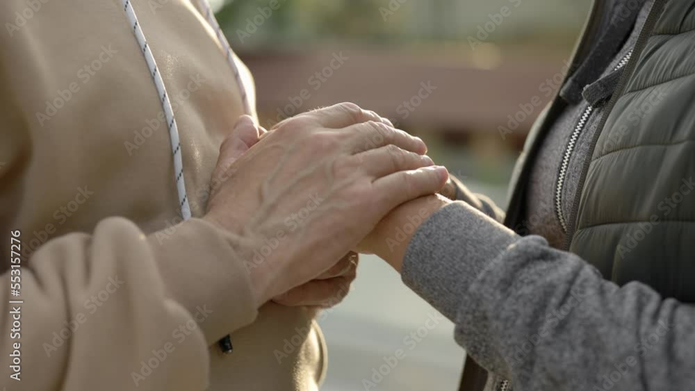 Mature cute couple holding hands standing outside. Elderly family ...