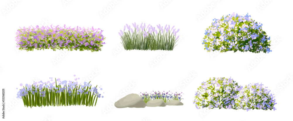 Vector watercolor blooming flower tree or grass side view isolated on ...
