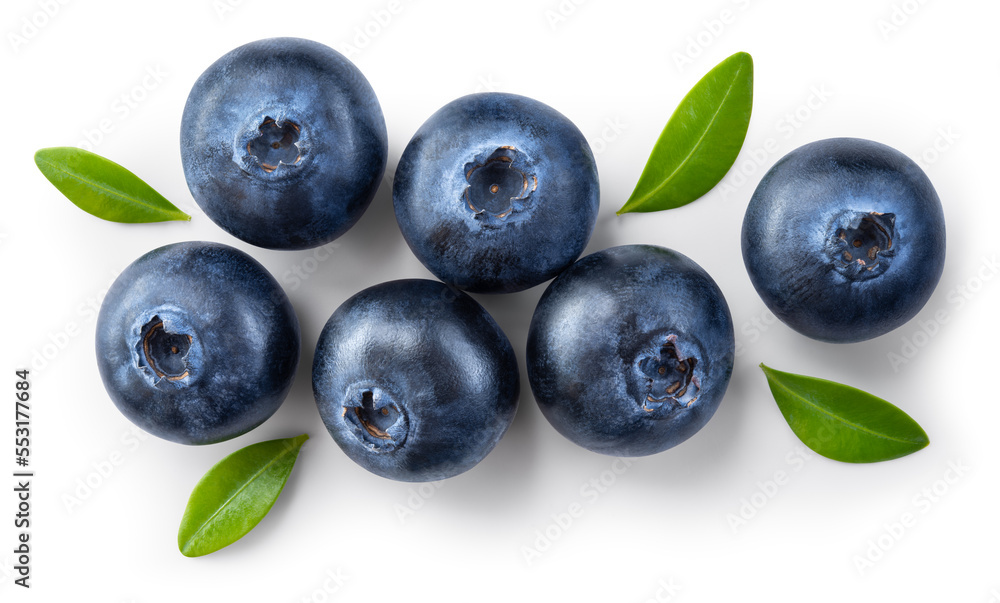Blueberry isolated. Blueberries top view. Blueberry with leaves flat ...