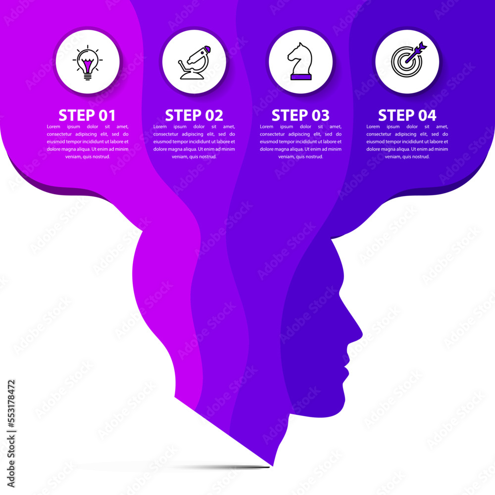 Infographic template. Purple head silhouette with 4 icons Stock Vector ...