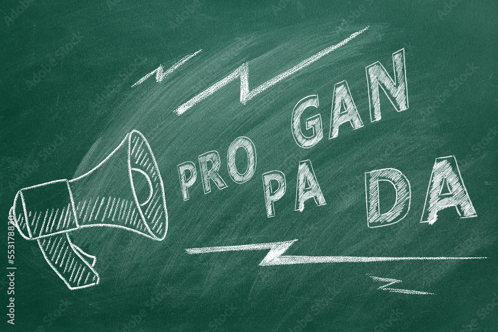 Propaganda and fake news concept. Illustration on greenboard. A ...