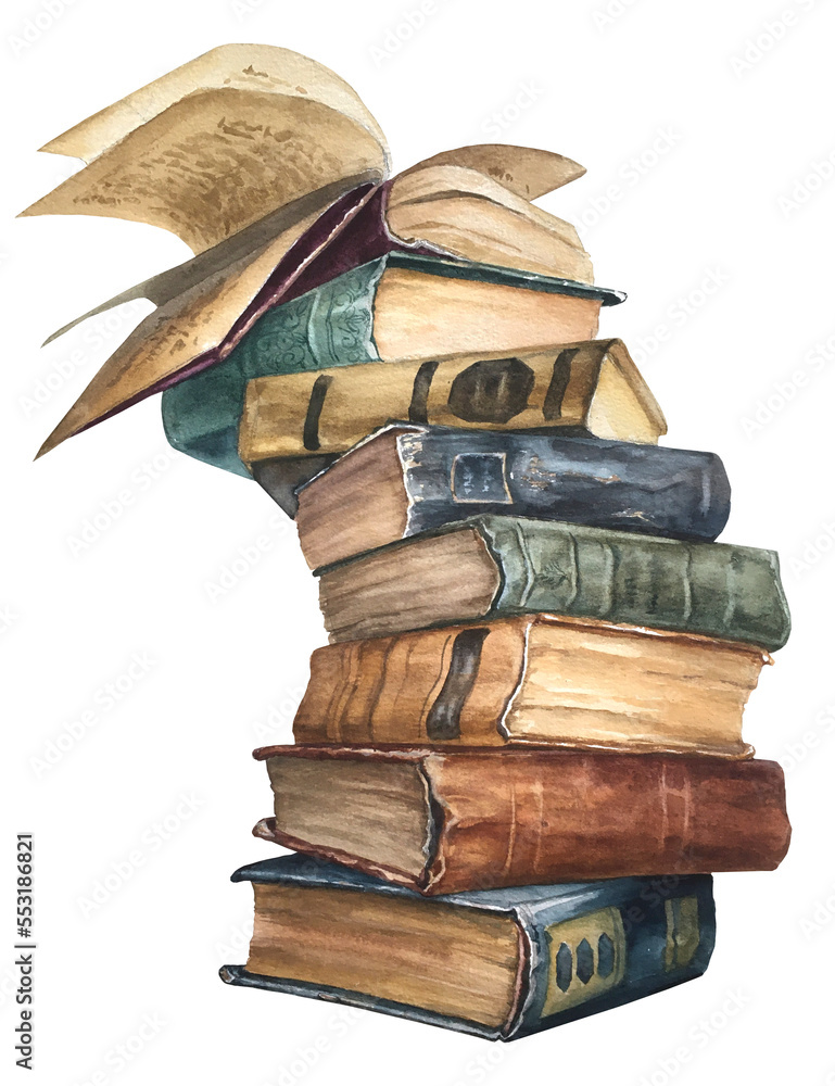 Stack of old books. Watercolor illustration Stock Illustration | Adobe ...