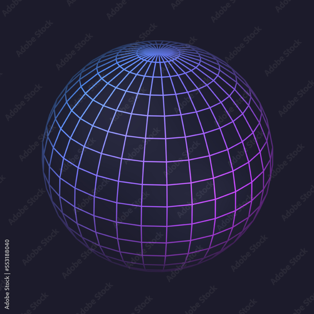 Globe planet 3D grid, low poly round line geometric shape of neon color ...
