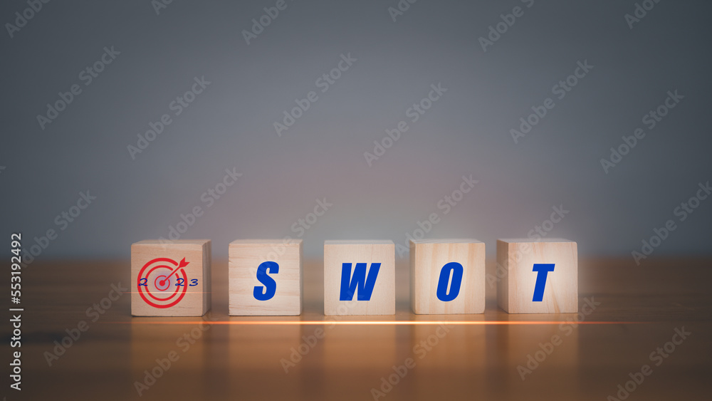 business strategy swot analysis concept, wooden blocks with target of ...