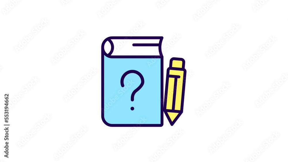 Animated examination color icon. Quizzes and tests. Textbook with ...