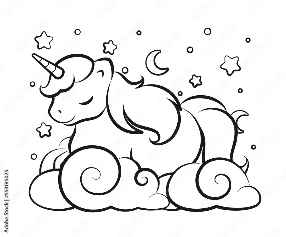 Cute Unicorn Sleeping On Clouds In The Night Sky Outline Illustration Easy Coloring Book Page