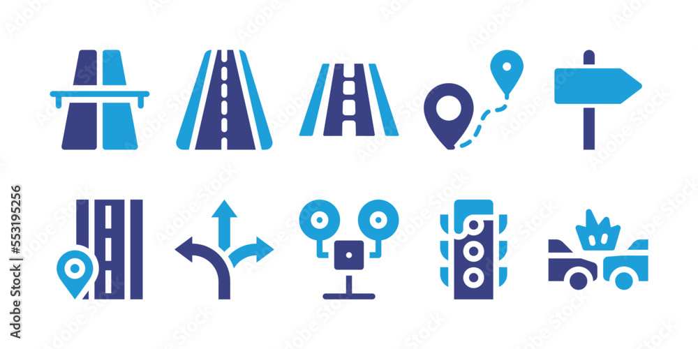 Road icon set. Vector illustration. Containing motorway, sign, highway ...