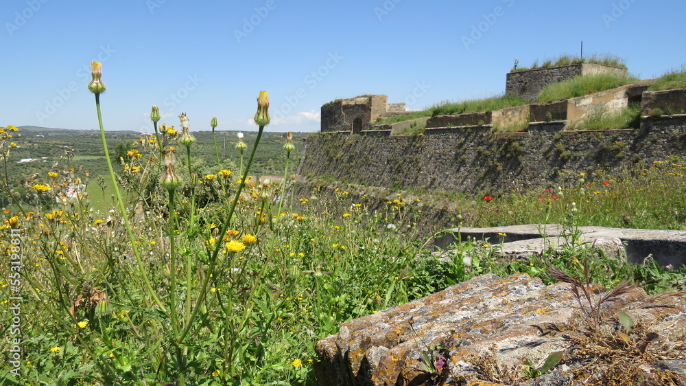 Vista das muralhas da cidade fortificada em Elvas, Portugal preservada ...