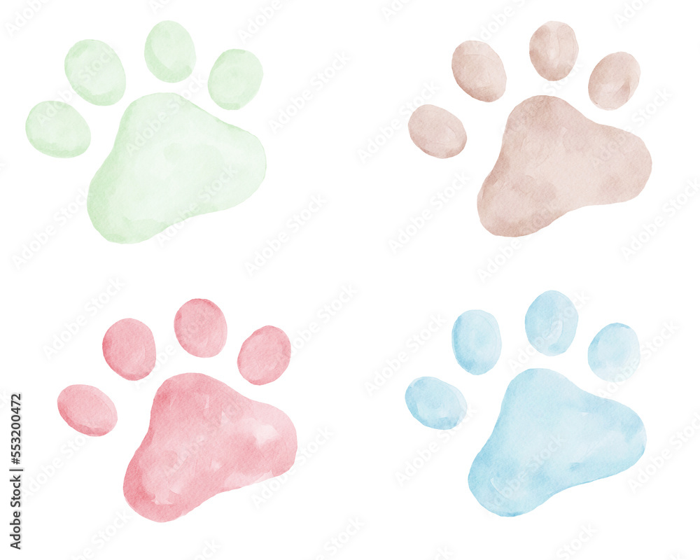 Cat paws collection in pastel color - light green, dark beige, red and ...