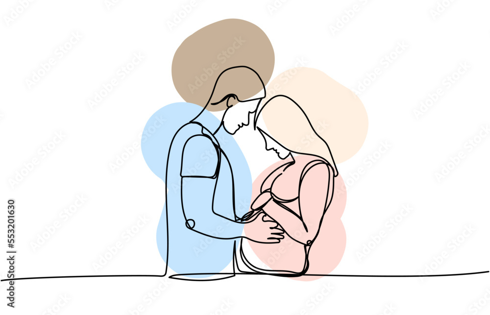 Couple in love, spouses, pregnant woman one line art with colorful ...