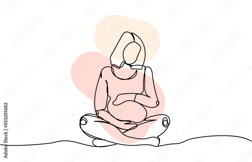 Pregnant woman sitting in lotus position one line art with colorful ...