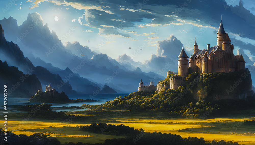 A painting depicting a majestic castle on a hill during a stormy night ...