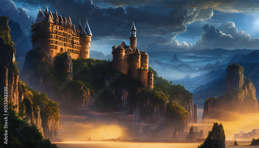A painting depicting a majestic castle on a hill during a stormy night ...
