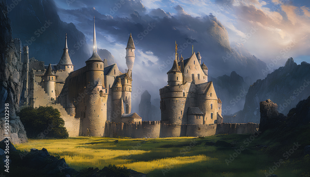 A painting depicting a majestic castle on a hill during a stormy night ...