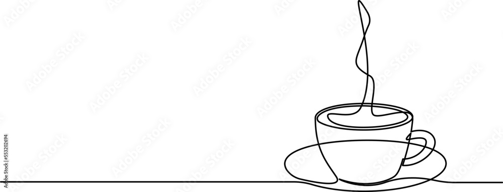 continuous single line drawing of cup of steaming hot coffee or other ...