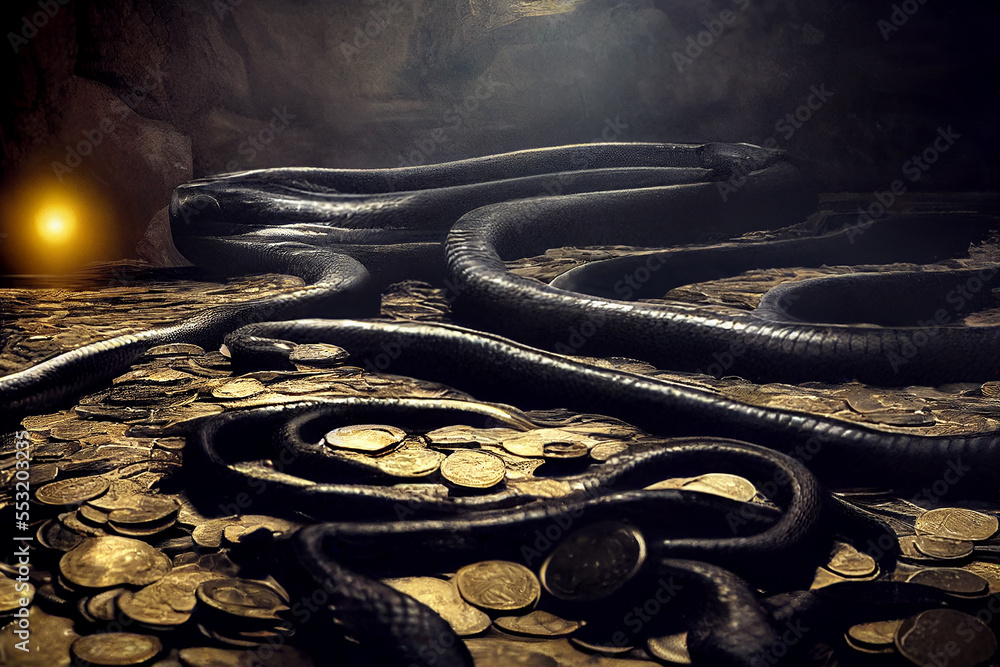 Black snakes guarding gold treasure Stock Illustration | Adobe Stock