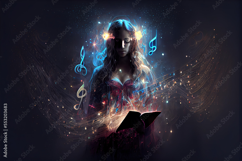 Surreal image of a woman in harmony with music, symbolizing sound ...