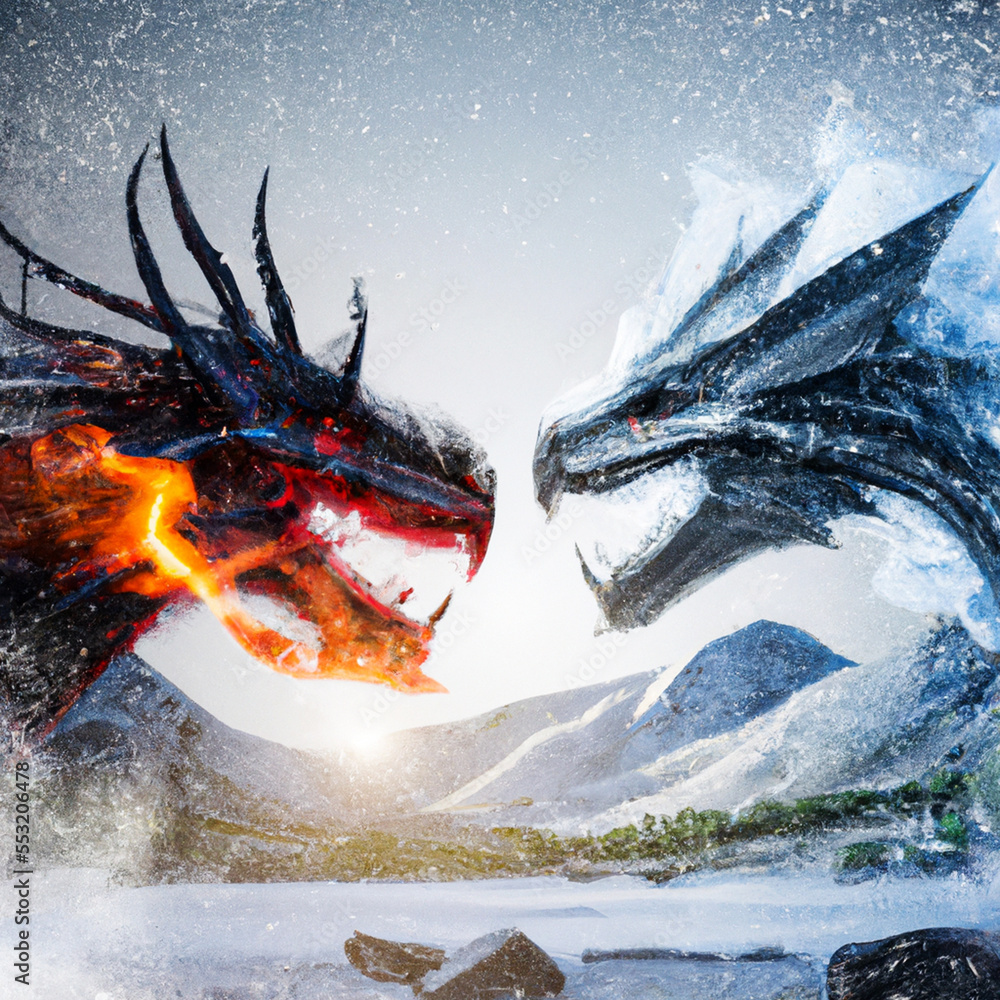 Fire and ice dragon fighting in winter generative ai illustration Stock Illustration | Adobe Stock