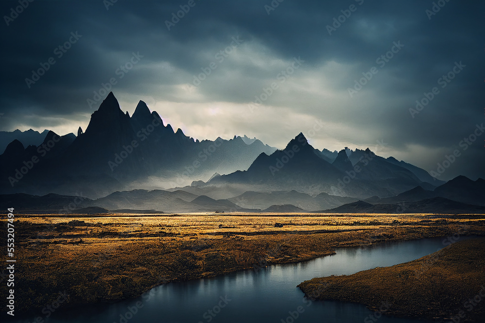 Small river in front of dramatic rising mountains overcast sky Stock ...