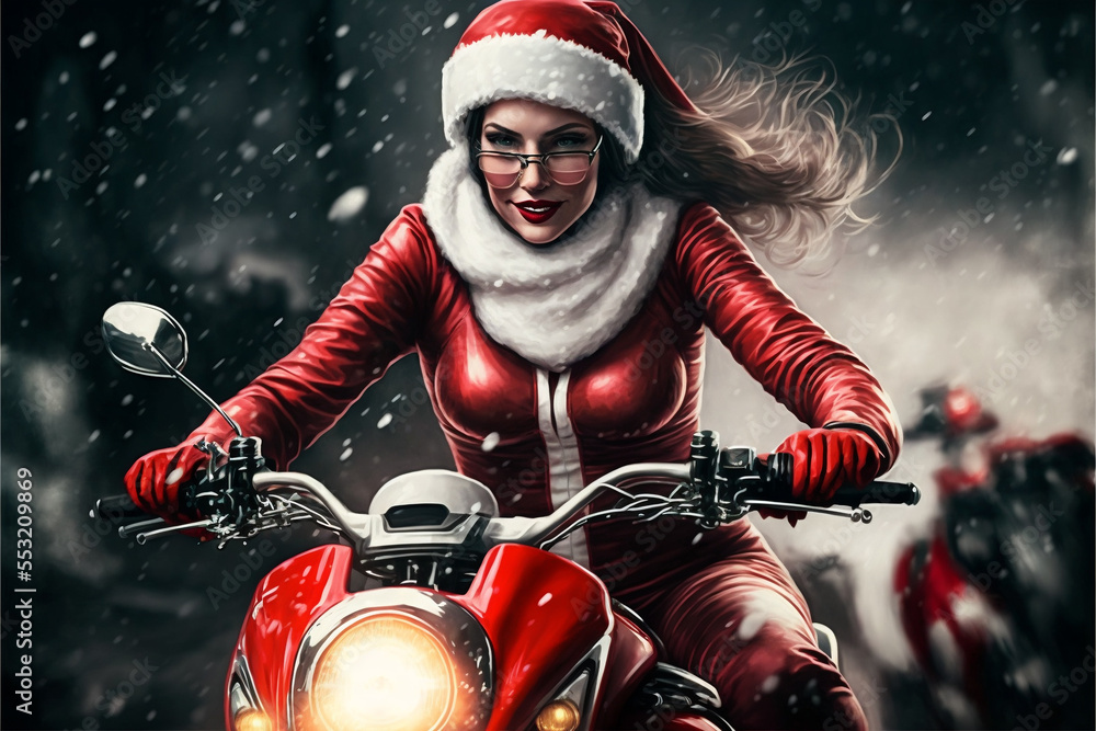 Digital painting of a yound beautiful woman in santa suit riding a ...