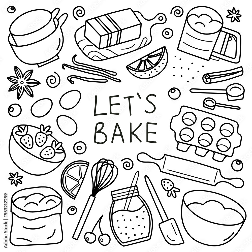Home baking hand drawn collection, doodle icons of kitchen utensils and ...