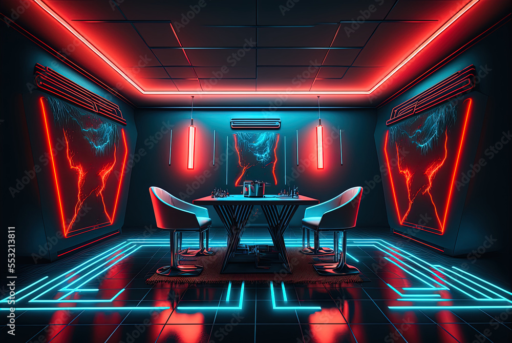 The raster image depicts a dark, foreboding room with tables, chairs, a ...