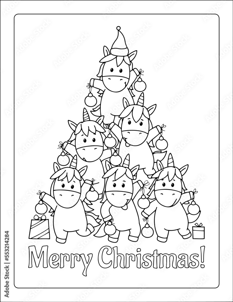 Unicorn christmas tree, Winter Unicorn Coloring Page for Kids Stock ...