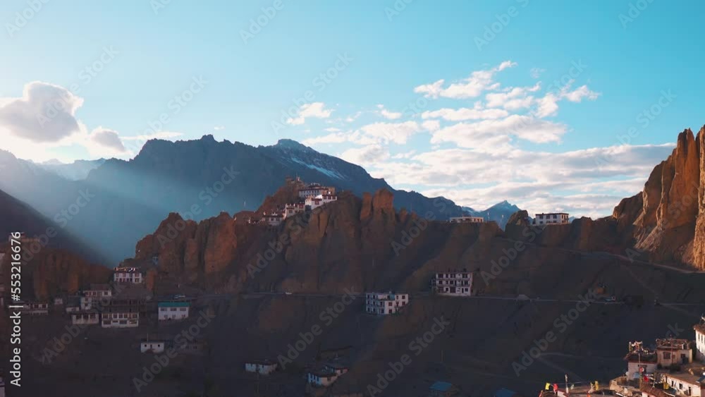 Zoom out shot of the Dhankar monastery during the sunset at Dhankar ...