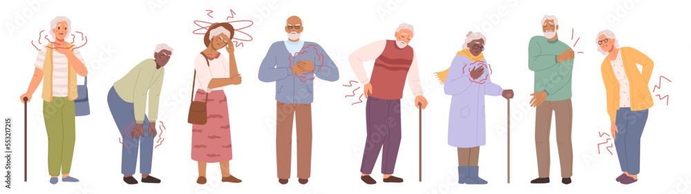 Health issues and problems of senior people. Isolated elderly personages, men and women with ...