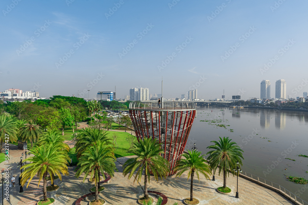 Landmark 81, skyscrapers viewed from below towards sky represents urban ...